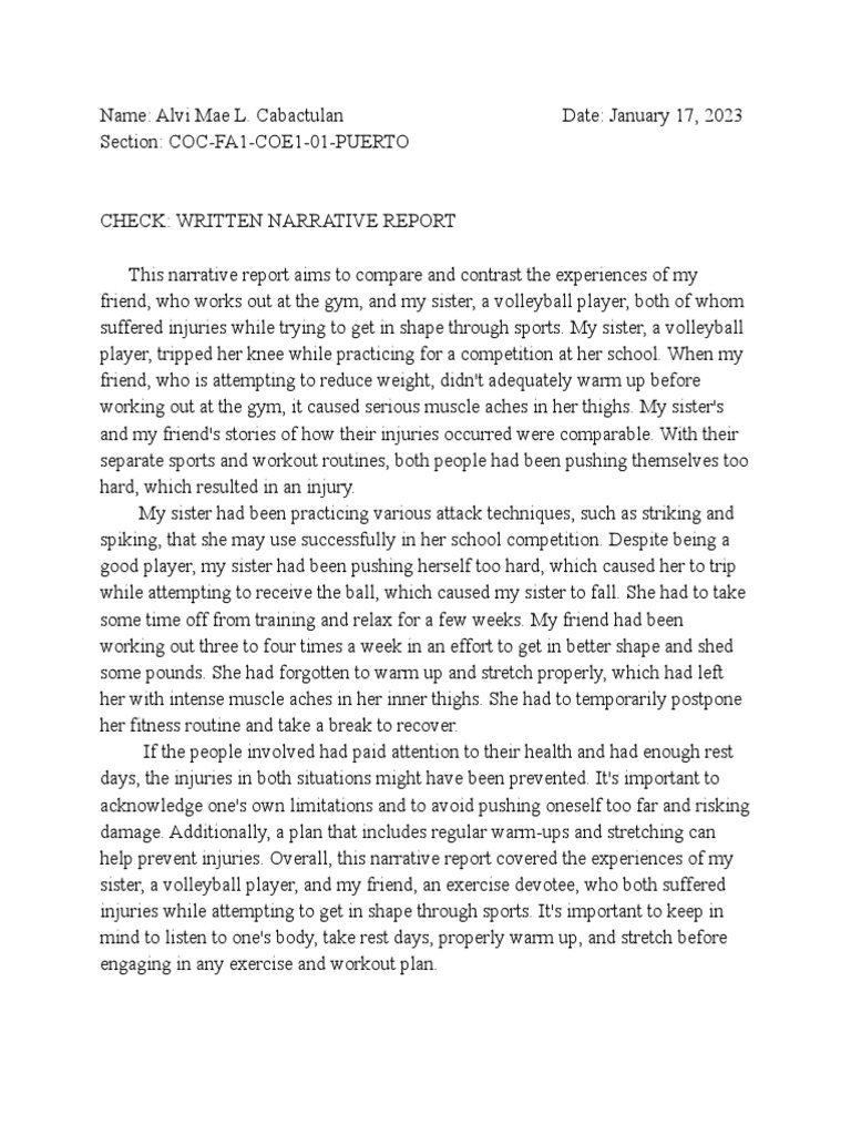Ped 026 - Check - Narrative Report | PDF | Aerobic Exercise | Physical ...