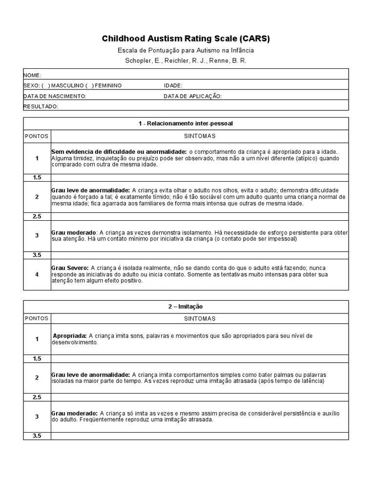 Escala Cars Editável | PDF | Espectro do autismo | Comunicação
