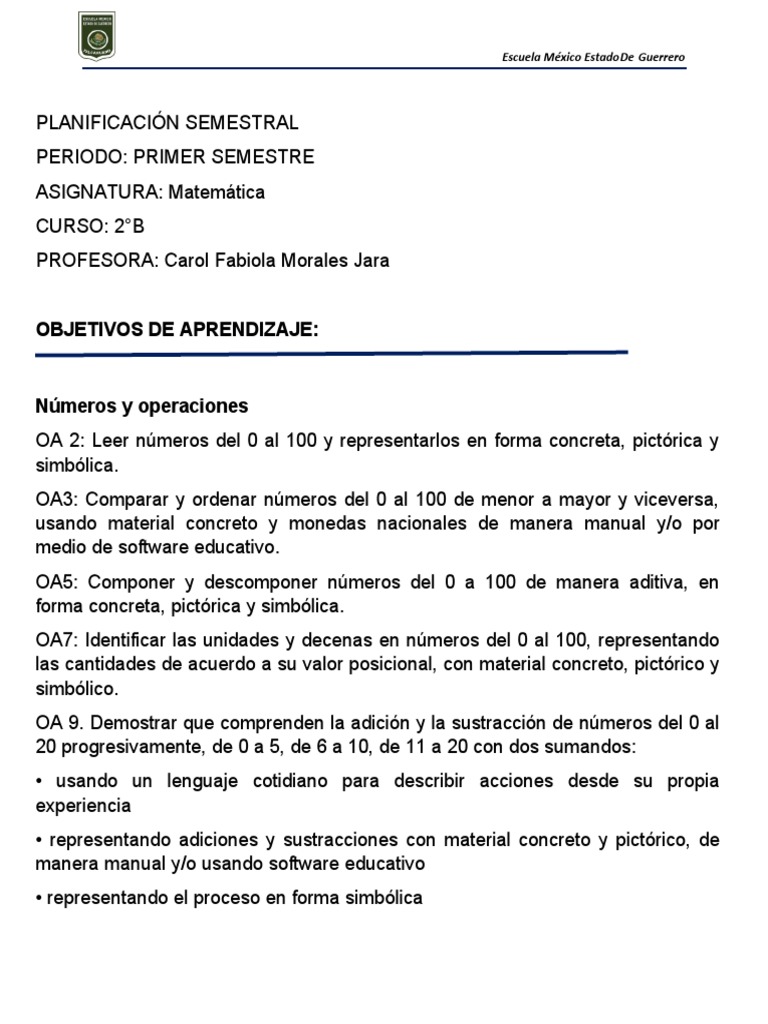 Planificacion Primer Semestre Matematica. 2°B | PDF | Pensamiento ...