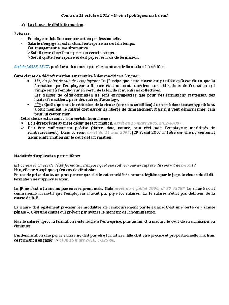 A) La Clause de Dédit-Formation.: Article L6325-15 CT | PDF | Travail ...