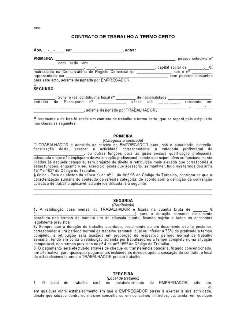 Contrato de Trabalho A Termo Certo: Aos, - , em - , Entre | PDF | Conceitos jurídicos | Direito ...