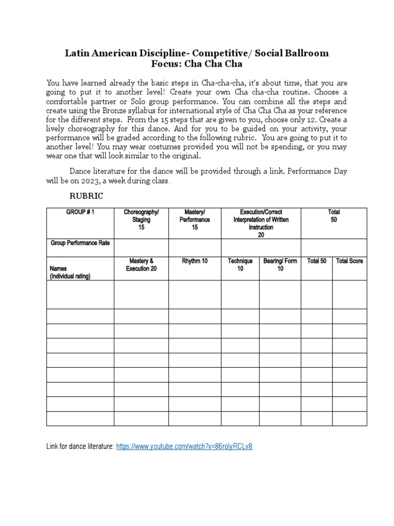 Cha Cha Performance Rubric Guide | PDF | Art