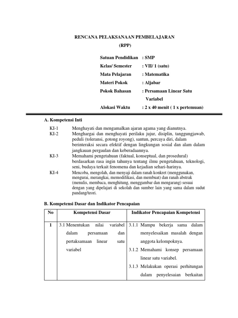 7 RPP Persamaan Linear Satu Variabel | PDF
