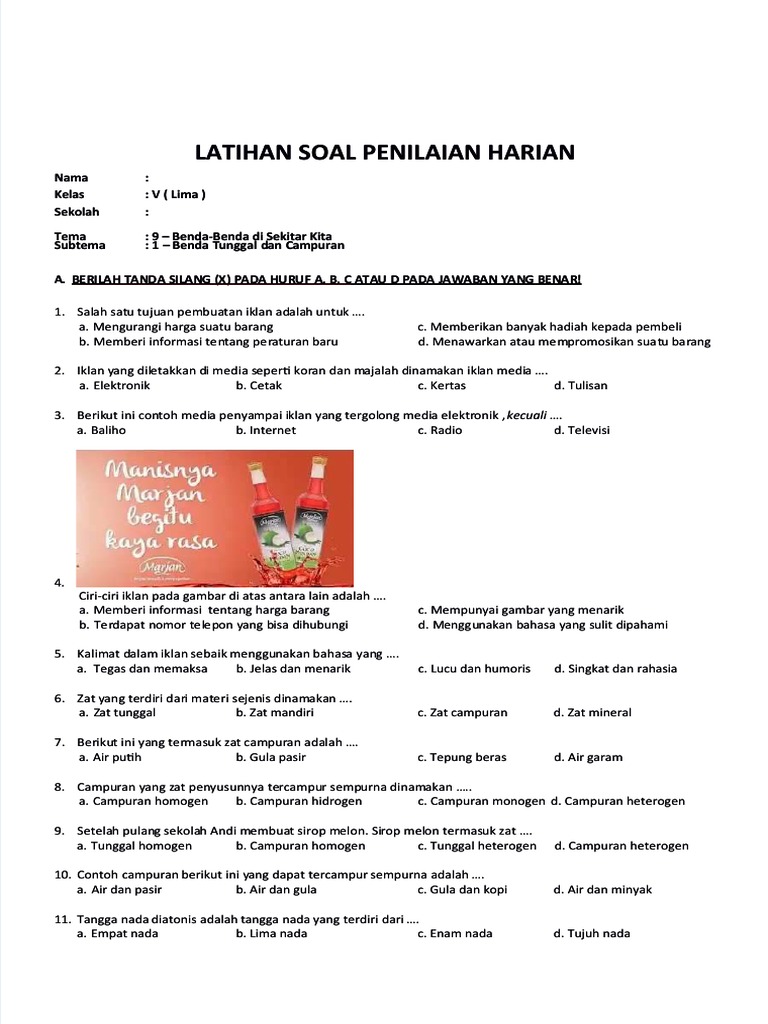 PDF Soal Tema 9 Kelas 5 SD Subtema 1 Benda Tunggal Dan Campuran Dilengkapi Kunci Jawaban ...