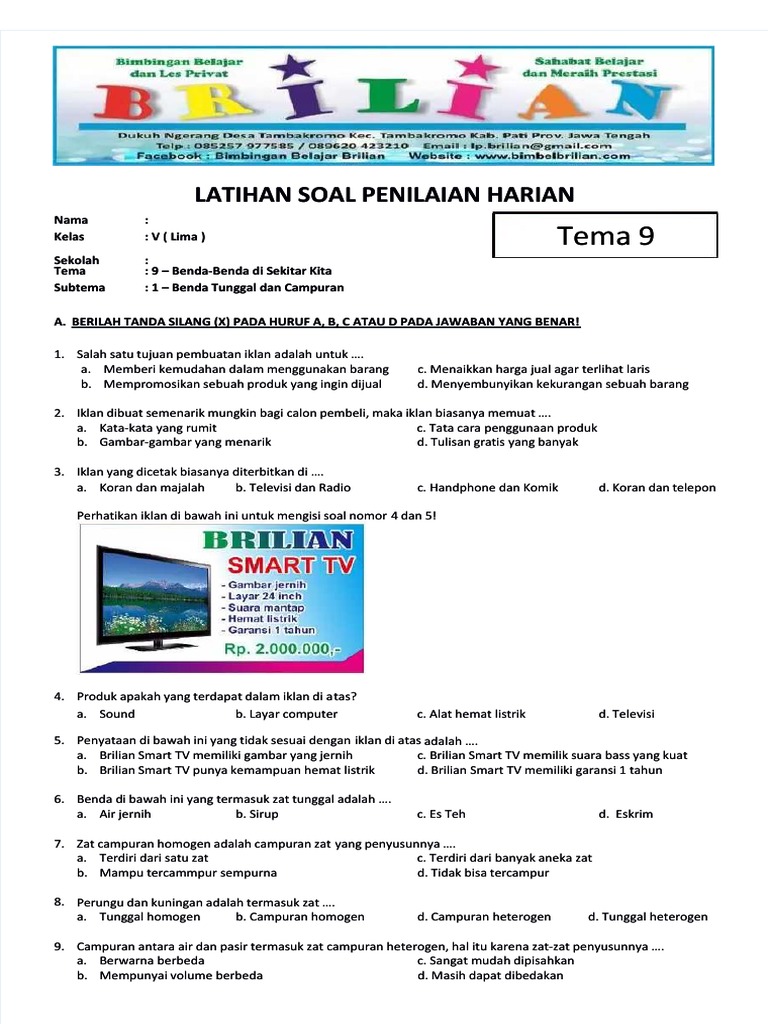 PDF Soal Tematik Kelas 5 SD Tema 9 Subtema 1 Benda Tunggal Dan Campuran WWW Bimbelbrilian ...