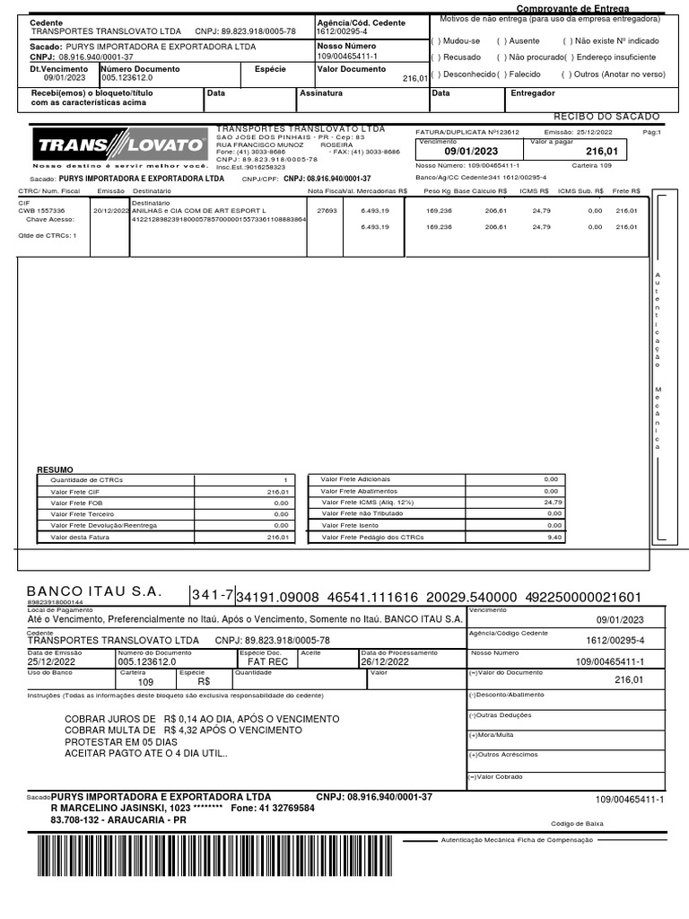 Fatura de Transporte: Translovato LTDA | PDF