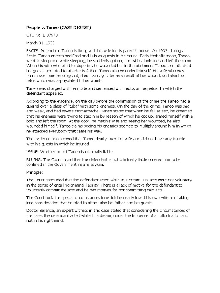 People v. Taneo insanity defense case digest | PDF | Insanity | Witness
