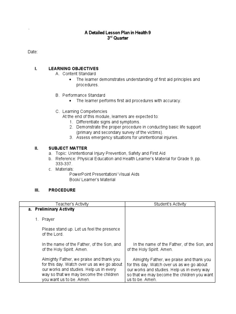 Daily Lesson Plan in Health 9 | PDF | First Aid | Cardiopulmonary ...