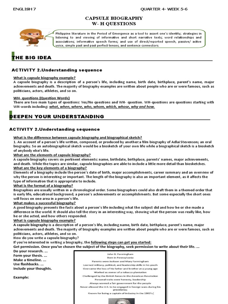 Understanding Capsule Biographies and WH-Questions | PDF | Biography ...