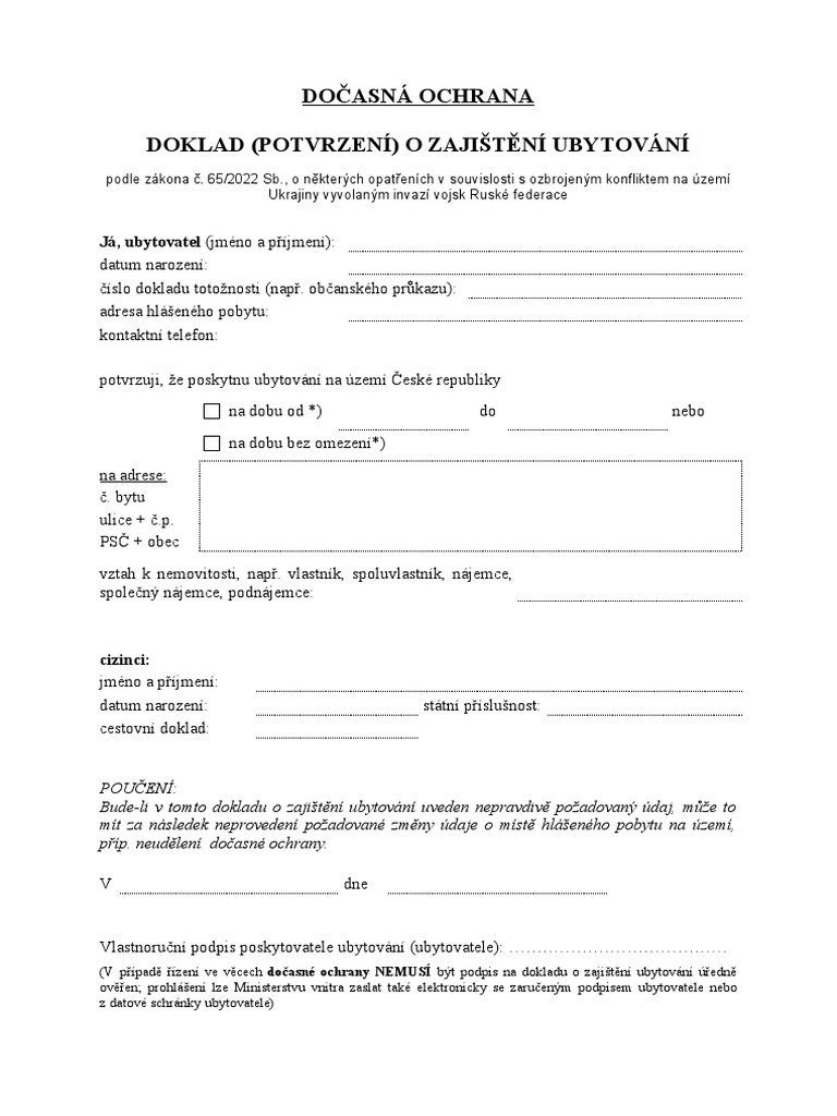 Dočasná Ochrana Doklad (Potvrzení) O Zajištění Ubytování: Já, Ubytovatel (Jméno A Příjmení) | PDF