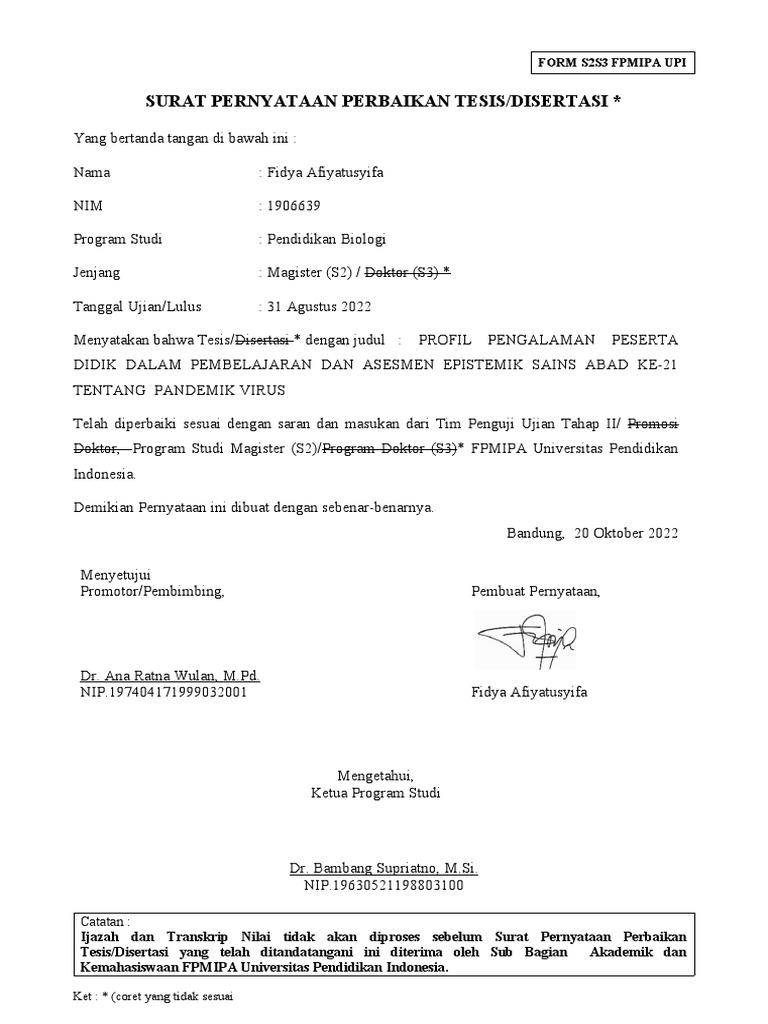 Surat Pernyataan Perbaikan Tesis/Disertasi : Form S2S3 Fpmipa Upi | PDF