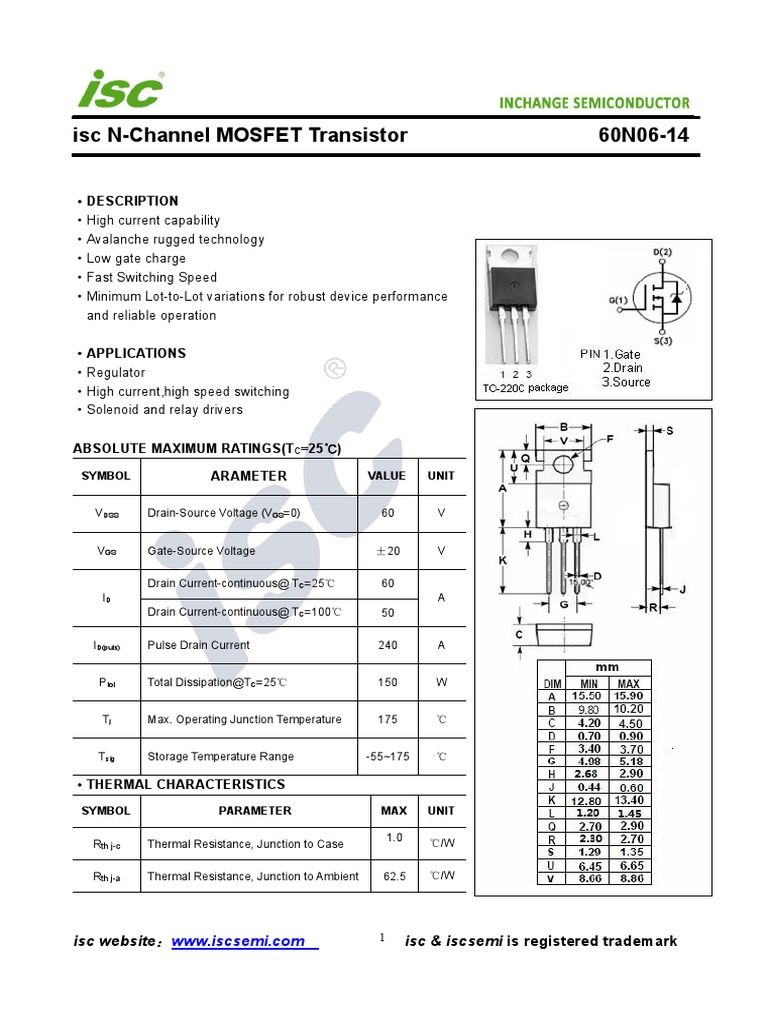 Isc N-Channel MOSFET Transistor 60N06-14: Description | PDF | Field Effect Transistor | Mosfet