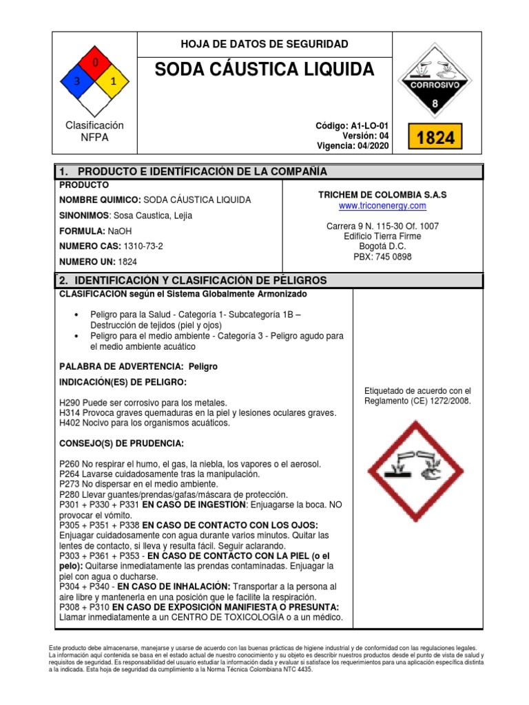 FDS Soda Caustica | PDF | Agua | Toxicidad
