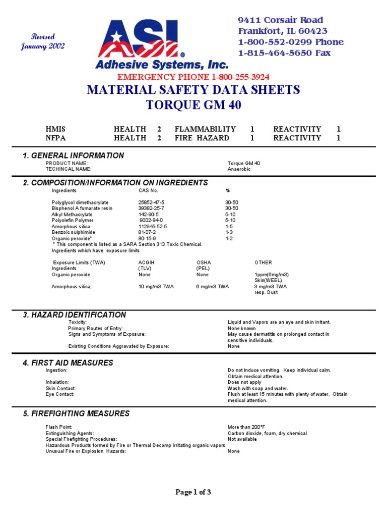 Material Safety Data Sheets Torque GM 40: EMERGENCY PHONE 1-800-255-3924 | PDF | Hazardous Waste ...