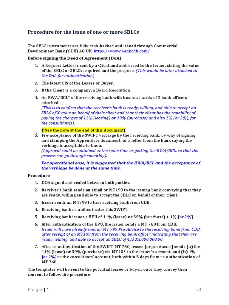 Issuing Procedure For One or More SBLCs - NR v3 | Download Free PDF ...