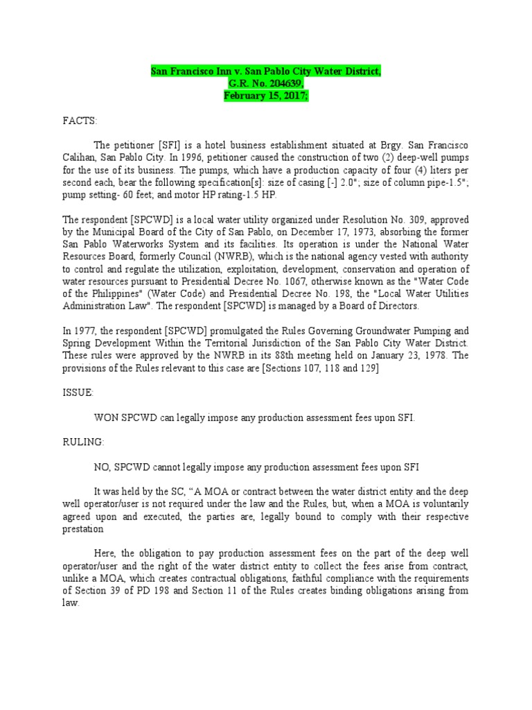 San Francisco Inn v. San Pablo City Water District | PDF | Common Law ...