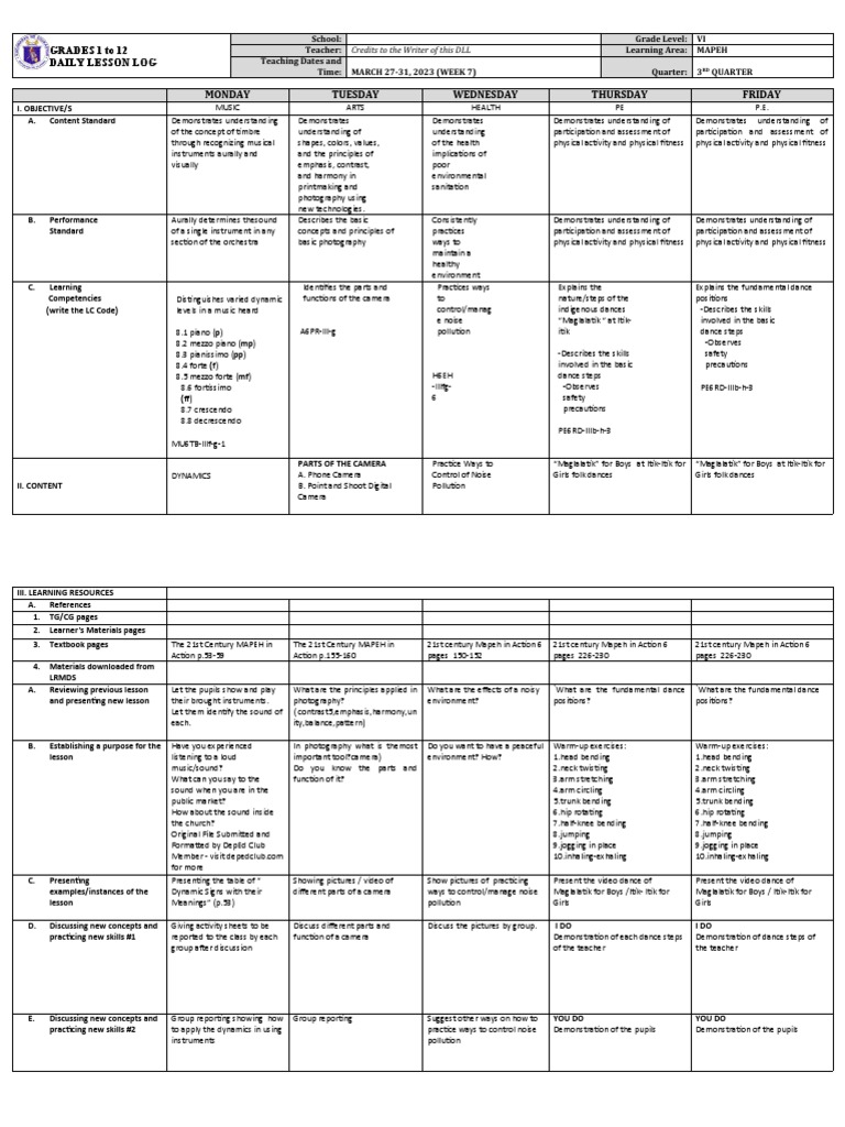 DLL - Mapeh 6 - Q3 - W7 | PDF | Physical Education