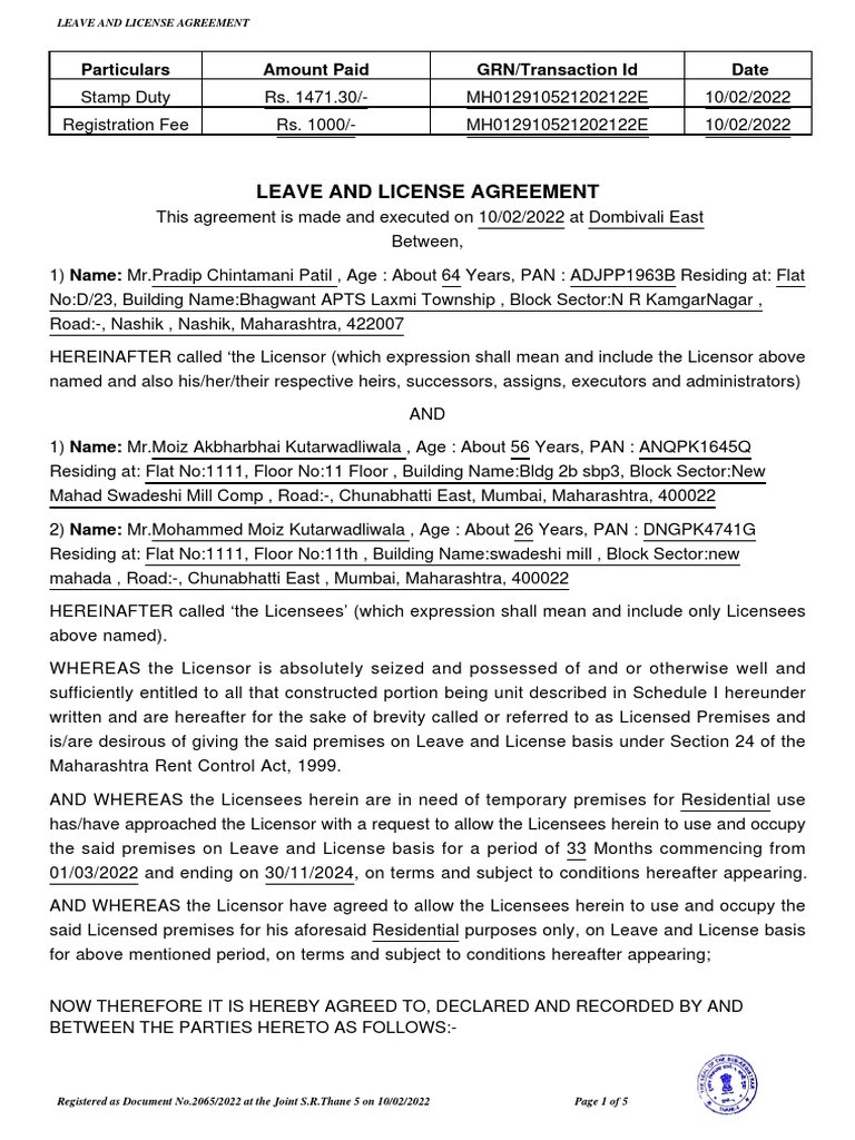 Leave and License Agreement: Particulars Amount Paid GRN/Transaction Id ...
