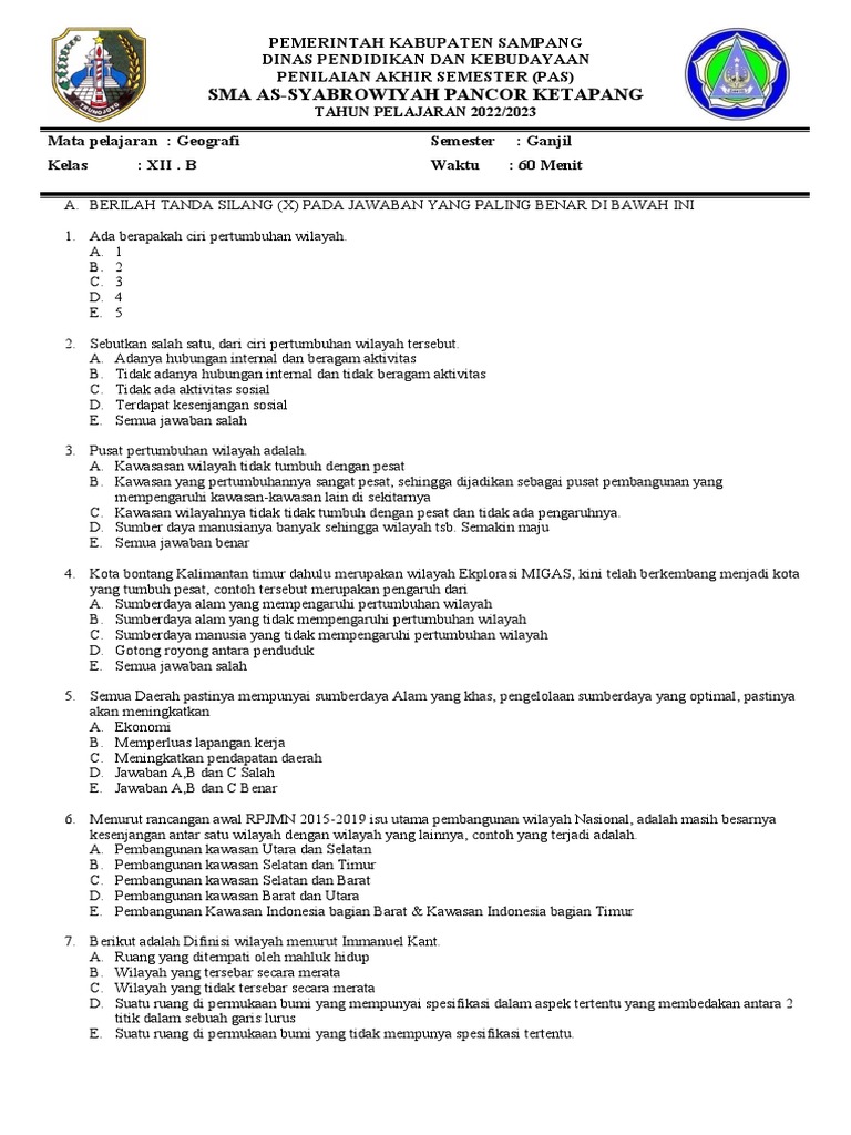 Contoh FORM PAS KLS XII GANJIL GEOGRAFI | PDF