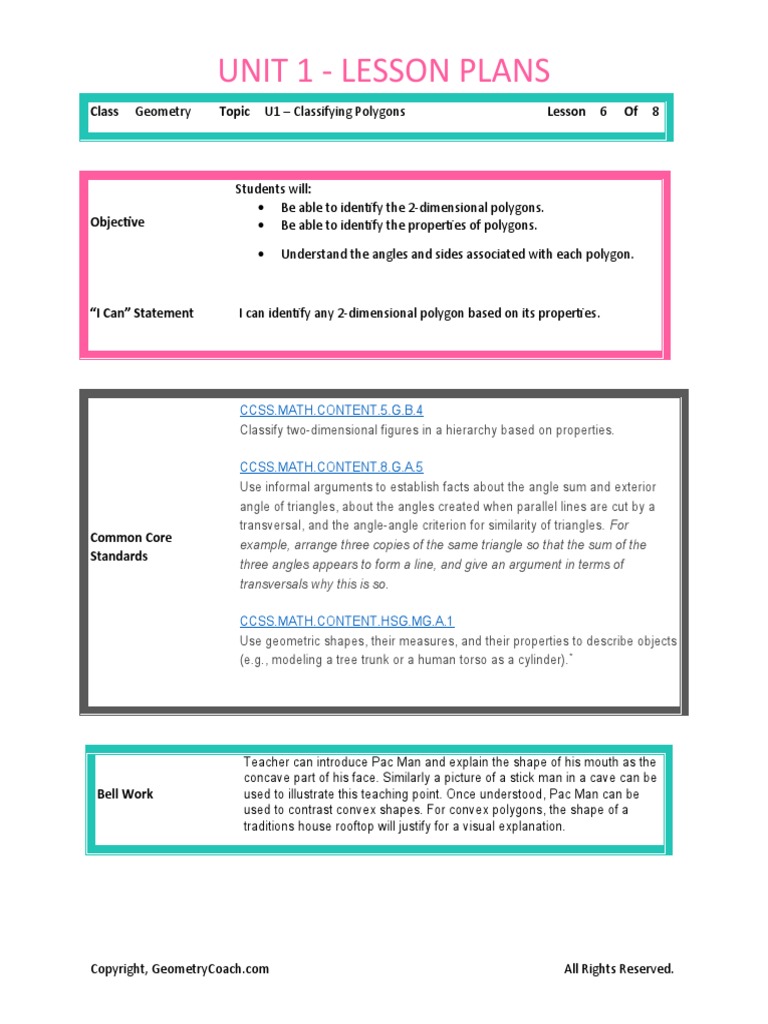 1 6 Lesson Plan Classifying Polygons 2 | PDF | Shape | Triangle