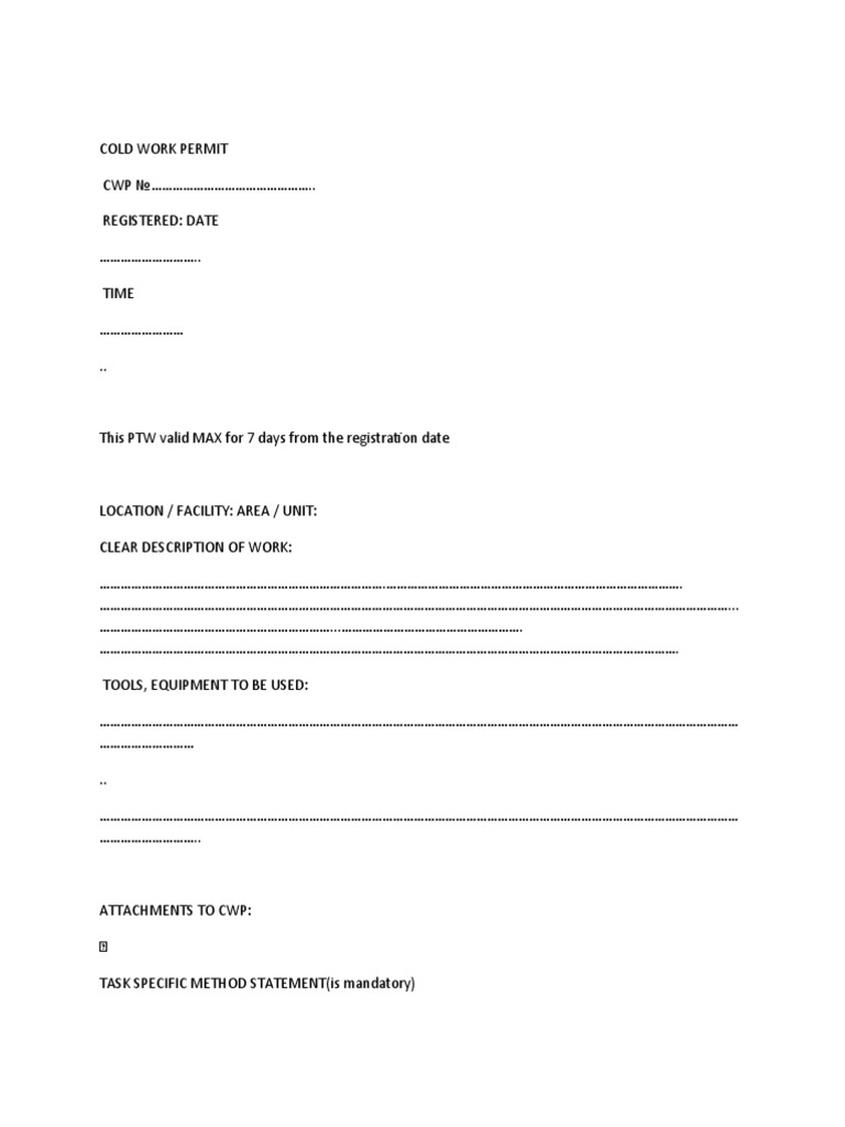 Cold Work Permit Template and Guidelines | PDF
