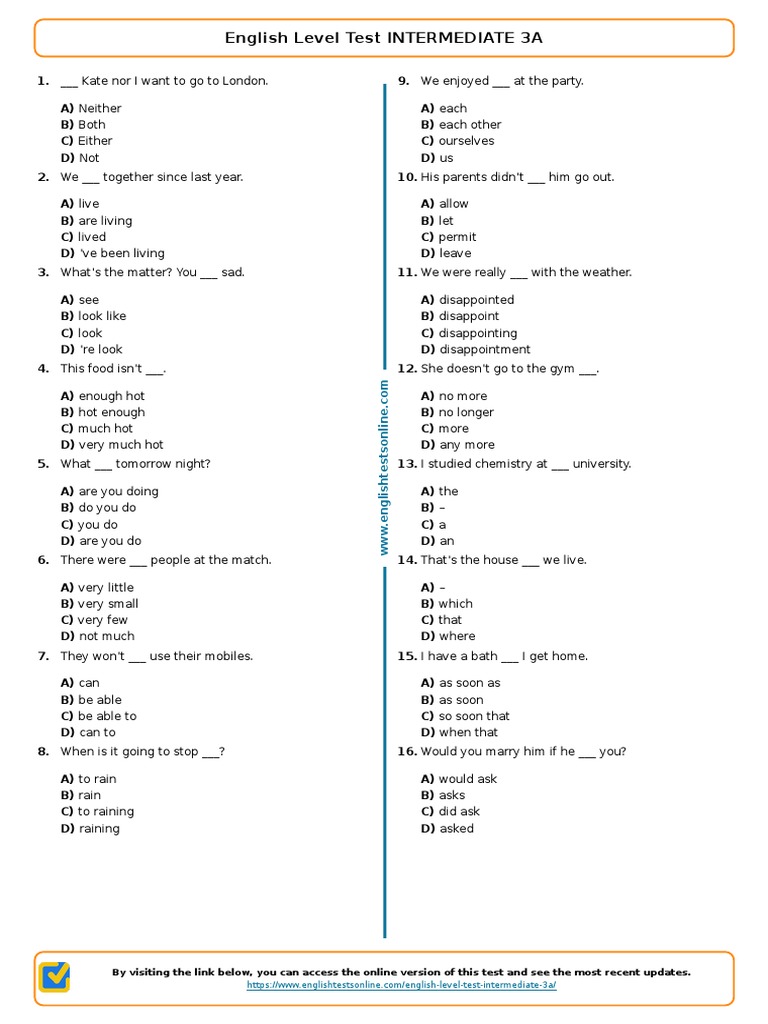 Intermediate English Test 3A with Answers | PDF