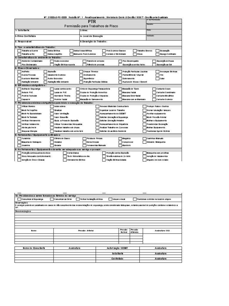 PTR - Permissão Trabalhos de Risco - Plan | Download grátis PDF | Calor ...