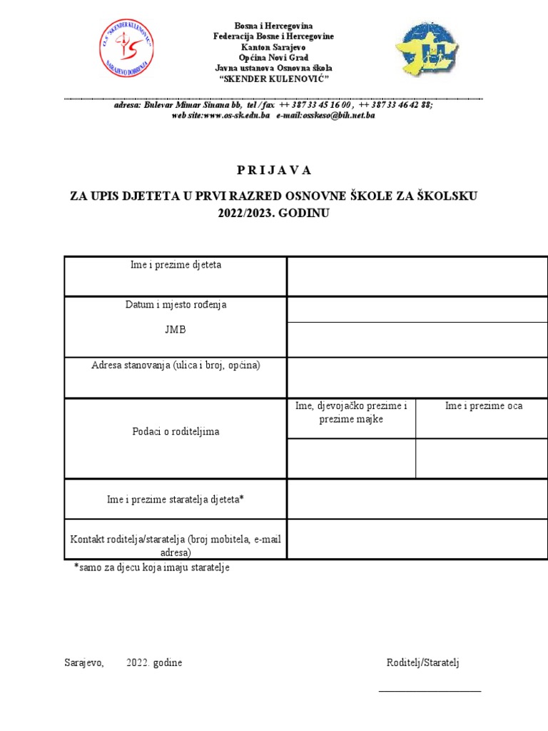 Prijava - Upis Učenika U Prvi Razred 2022. | PDF