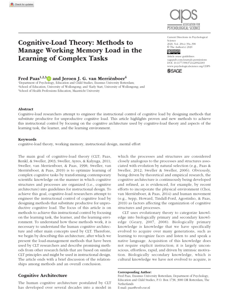 Current Directions in Psychological Science-2020 - Paas Van Merrienboer - Cognitive-Load Theory ...