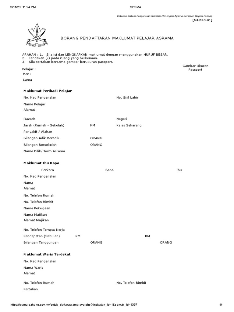 Borang Pendaftaran Maklumat Pelajar Asrama Sekolah Menengah Agama Pahang | PDF