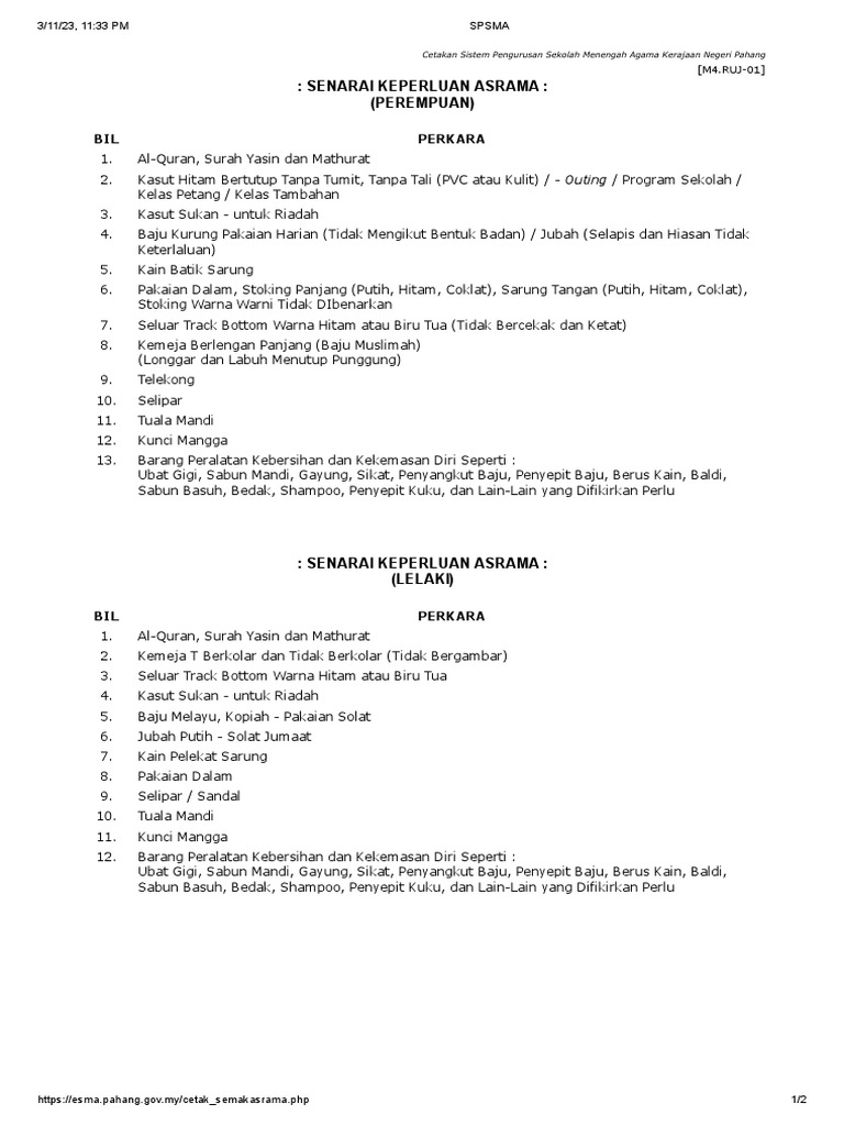 Senarai Keperluan Asrama Sekolah Menengah Agama Pahang | PDF