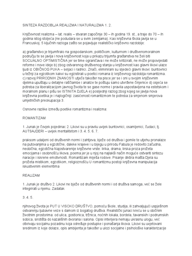 Sinteza Razdoblja Realizma I Naturalizma 1 | PDF