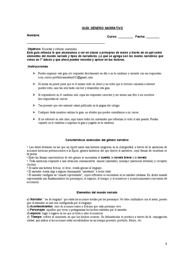 Guía Género Narrativo 8° Básico | PDF | Narración