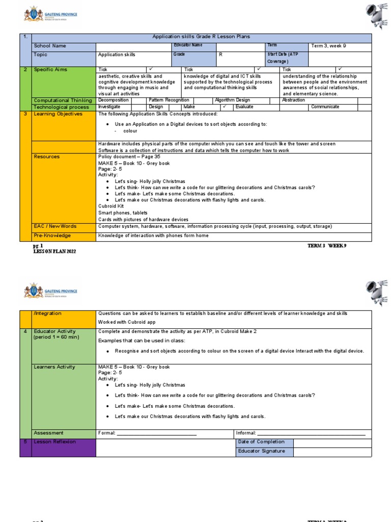 Application Skills Grade R Lesson Plans School Name Topic 2 Specific Aims | PDF | Computer ...