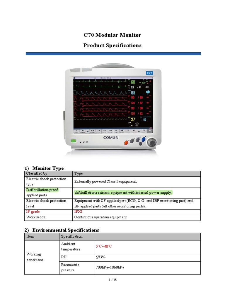 C70 Modular Monitor Product Specifications | PDF | Electrocardiography | Artificial Cardiac ...