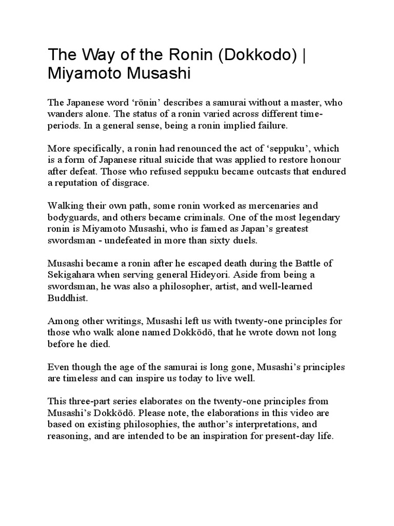 The Way of The Ronin (Dokkodo) - Miyamoto Musashi | PDF | Psychology