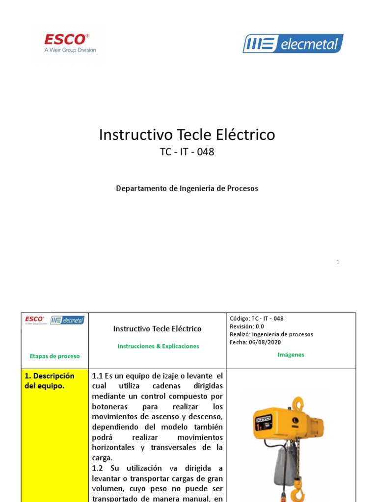 (1.9) TC-IT-048 - Uso de Tecle Electrico | PDF | Ingeniería | Ciencias fisicas