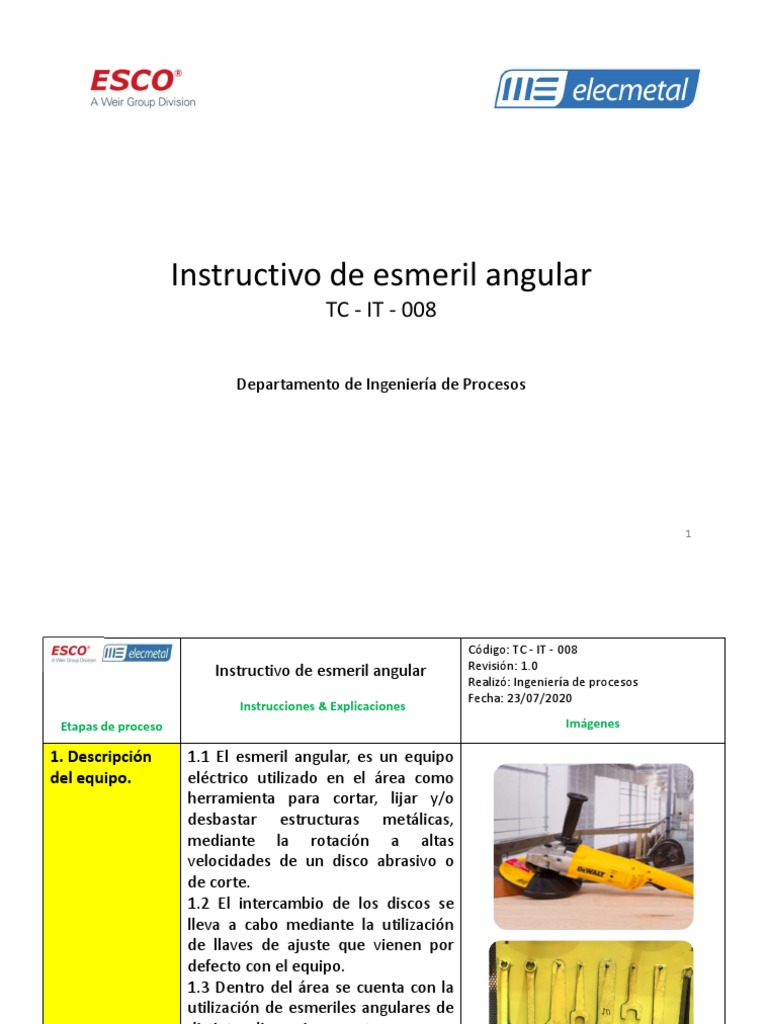 (1.7) TC-IT-008 - Uso de Esmeril Angular | PDF | Herramientas | Metalurgia