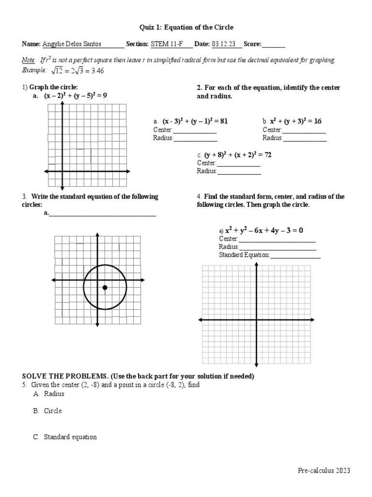 Circle Equation Quiz and Practice | PDF