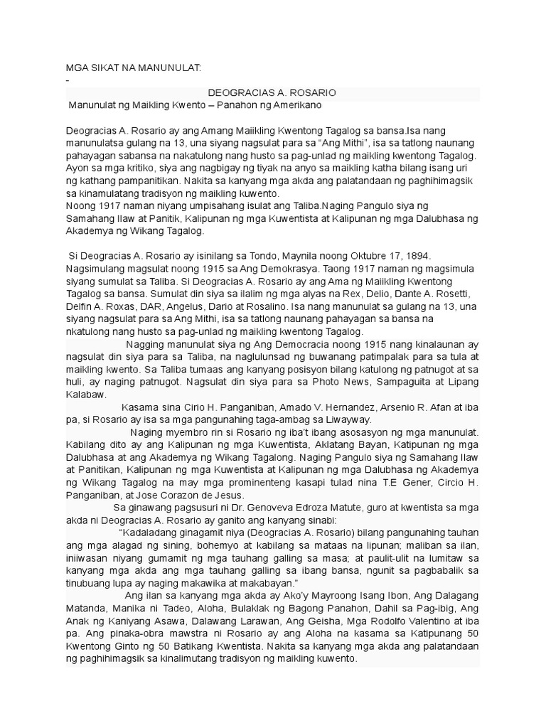 Mga Sikat Na Manunulat | PDF