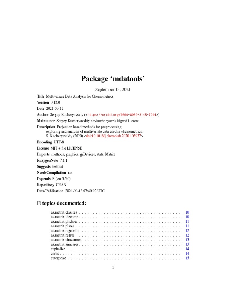 Package Mdatools': R Topics Documented | PDF | Applied Mathematics | Methodology