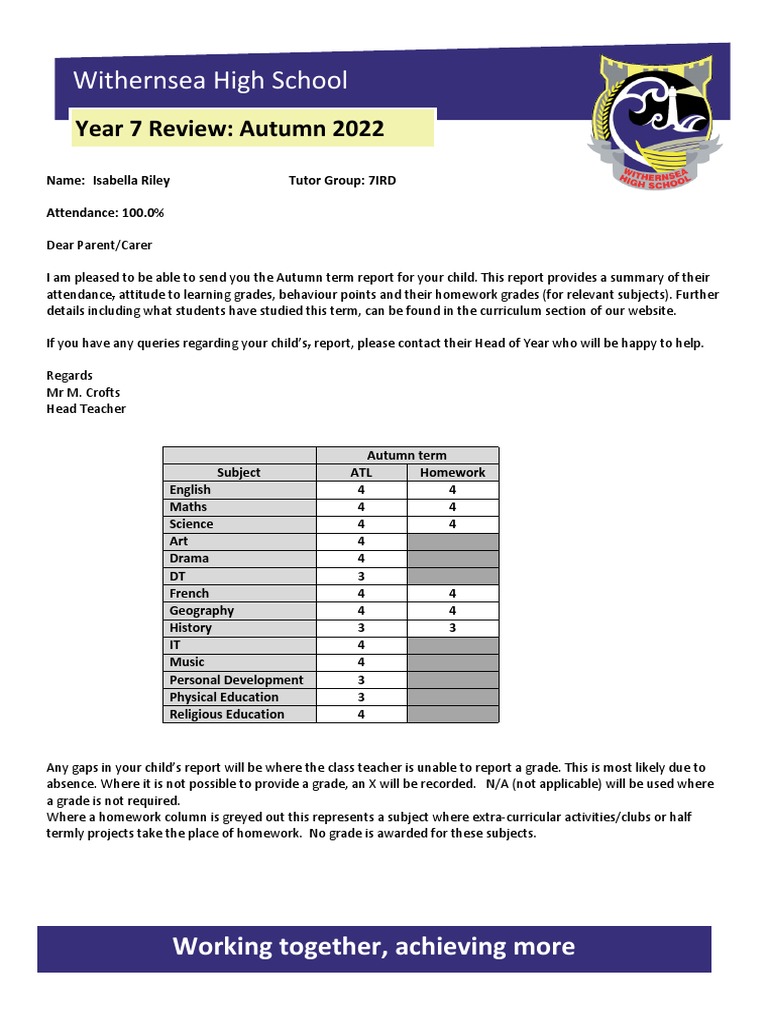 Riley-Isabella-008085-KS3 REPORT Y7 WEEK 13 2022 | PDF | Homework | Schools