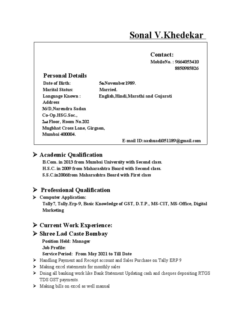 Resume Sonal K | PDF | Invoice | Service Industries