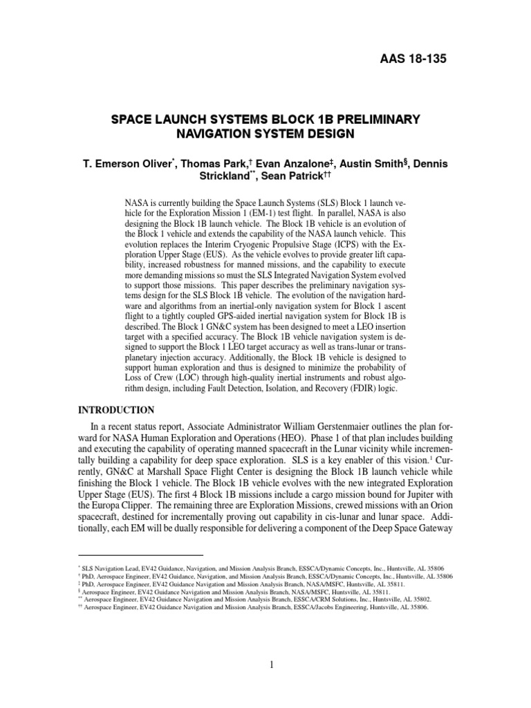 Space Launch Systems Block 1B Preliminary Navigation System Design | PDF | Inertial Navigation ...