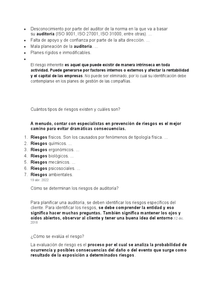 El Riesgo Inherente Es Aquel Que Puede Existir de Manera Intrínseca en ...