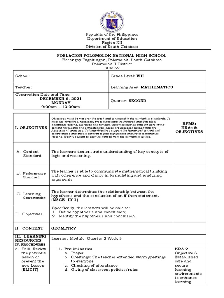 Math 8 Lesson Plan | PDF | Learning | Teachers