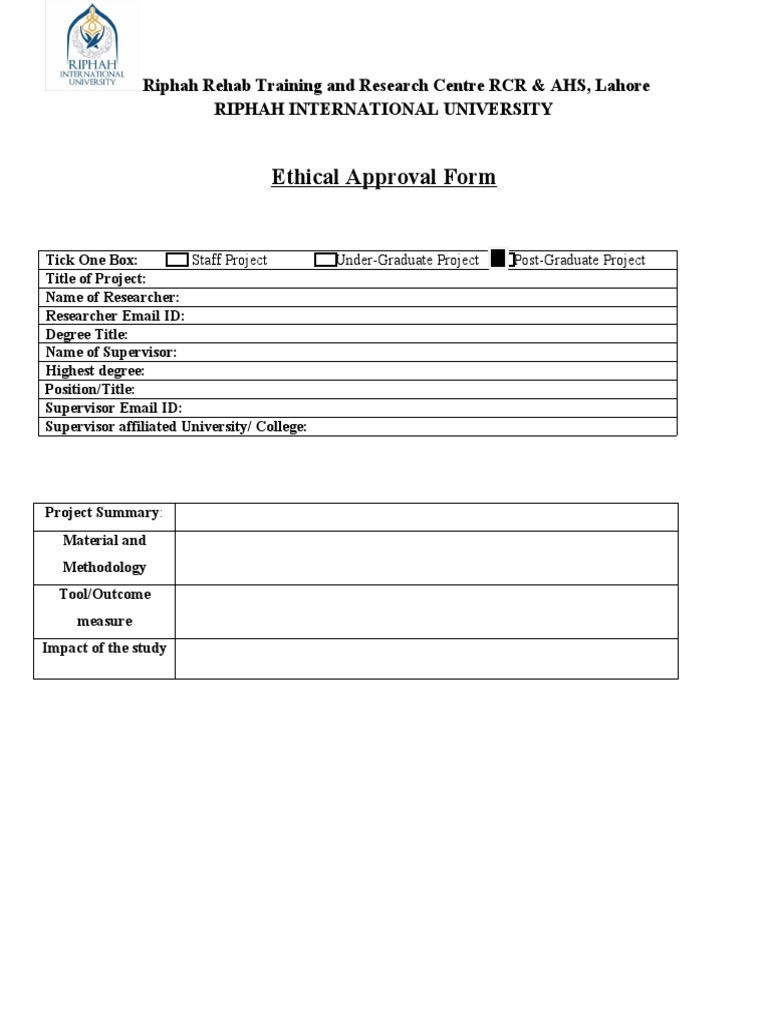 Ethical Approval Form: Riphah Rehab Training and Research Centre RCR & AHS, Lahore Riphah ...