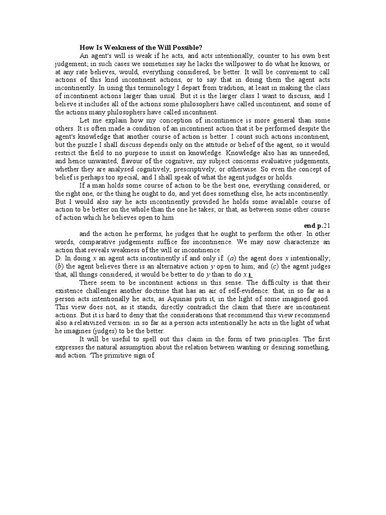 How Is Weakness of The Will Possible | PDF | Reason | Intention