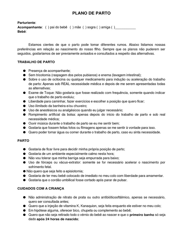 Plano de Parto | PDF | Parto | Especialidades médicas Plano de Parto | PDF | Parto | Especialidades médicas