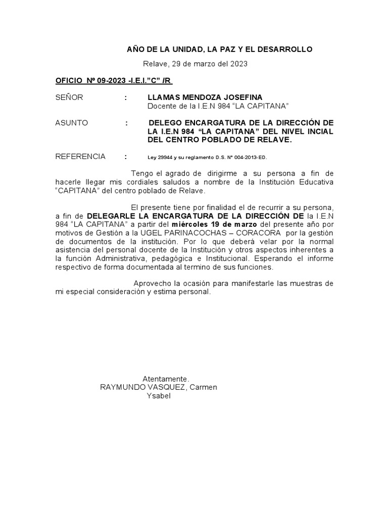 Oficio N 096 2017 Delego Encargatura de Direccion | PDF